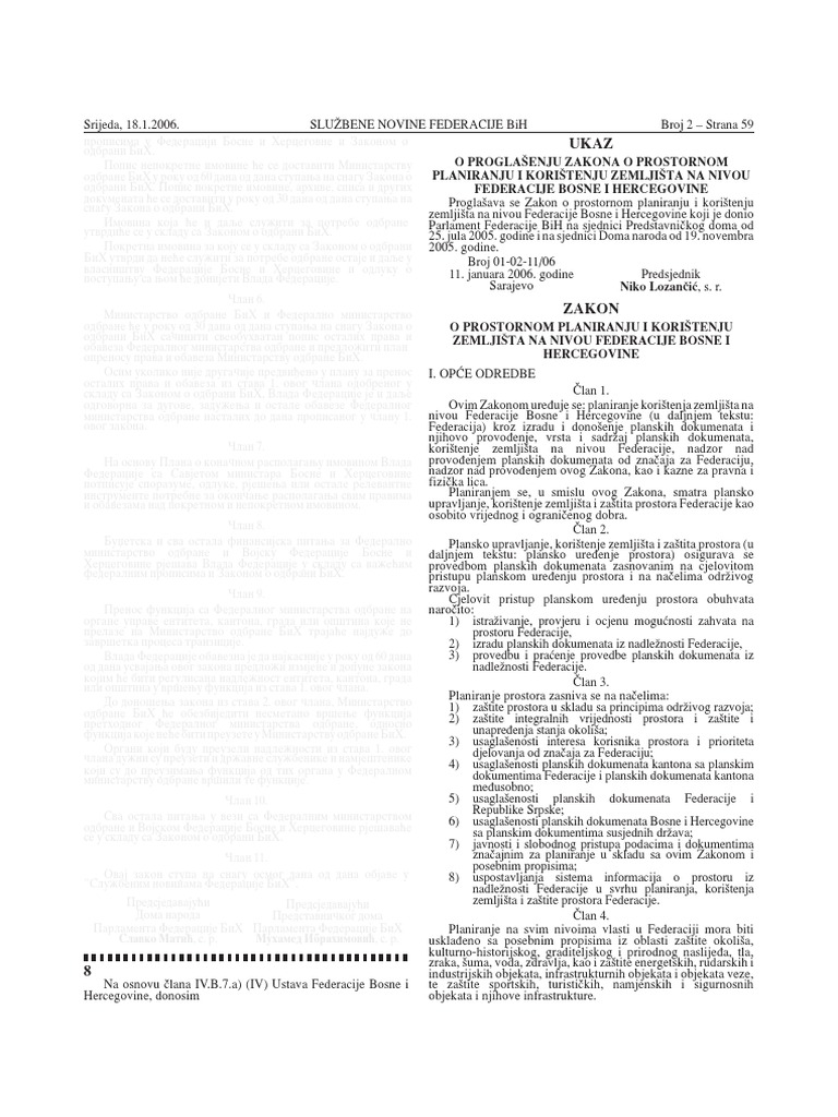 Zakon o Prostornom Planiranju I Korištenju Zemljišta Na Nivou Federacije Bosne I Hercegovine ...