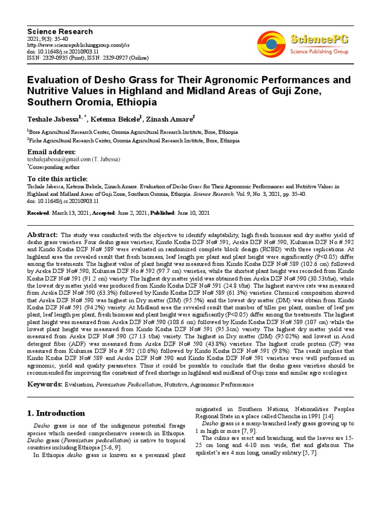 Evaluation of Desho Grass For Their Agronomic Performances and ...