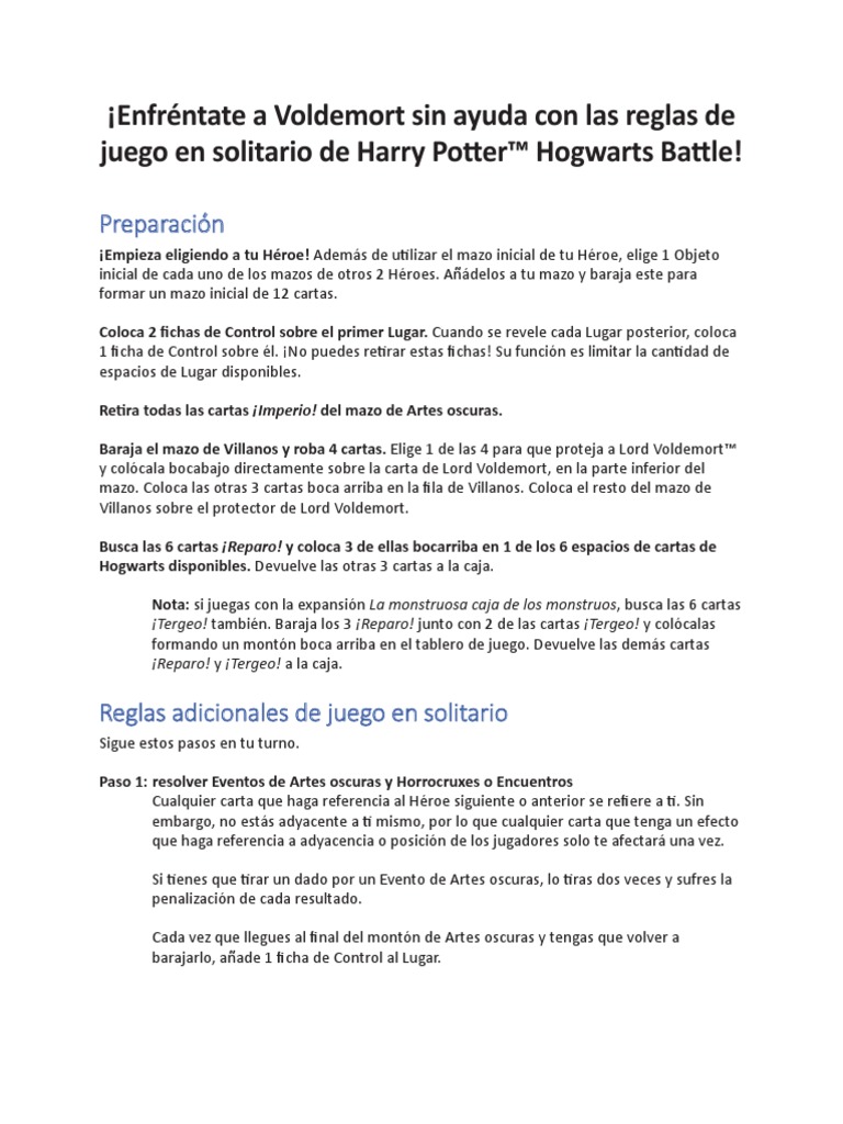 Hogwarts Battle Solo Play Rules Es | PDF | Juego de azar