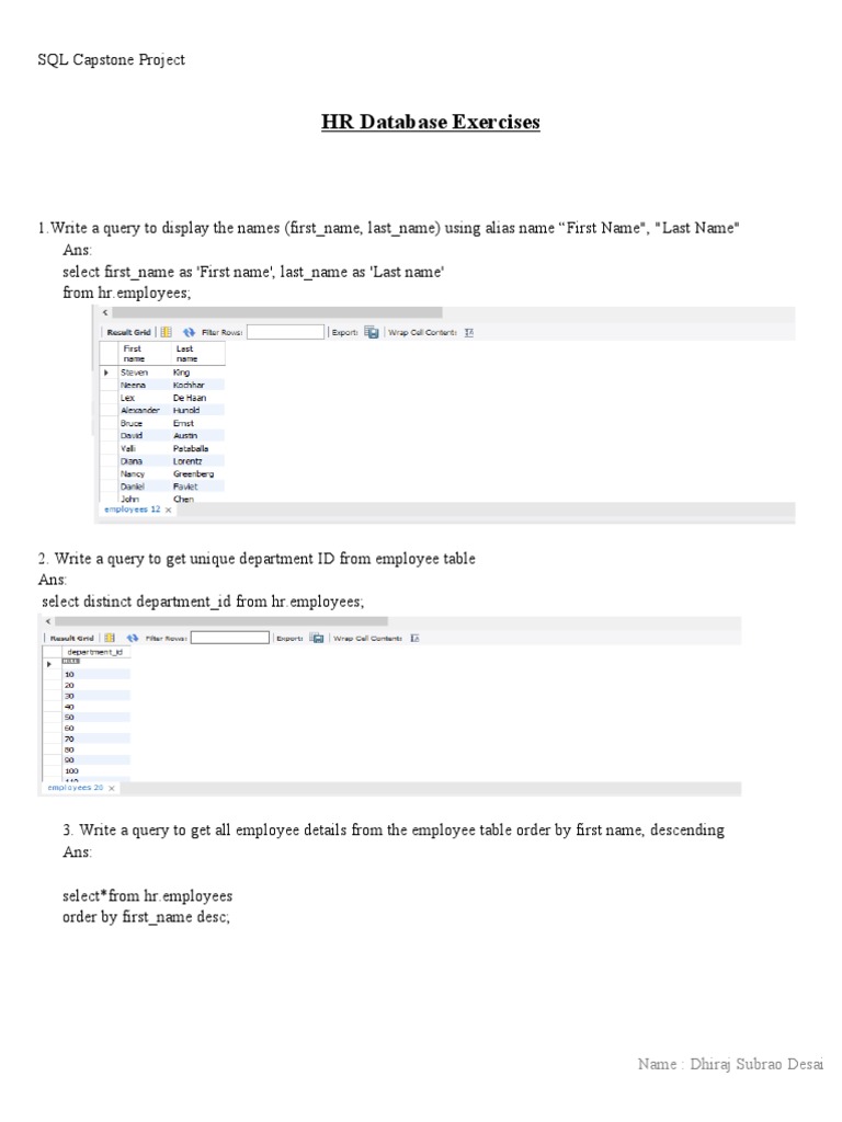 HR Database Exercises: Name: Dhiraj Subrao Desai | PDF | Sql | Databases