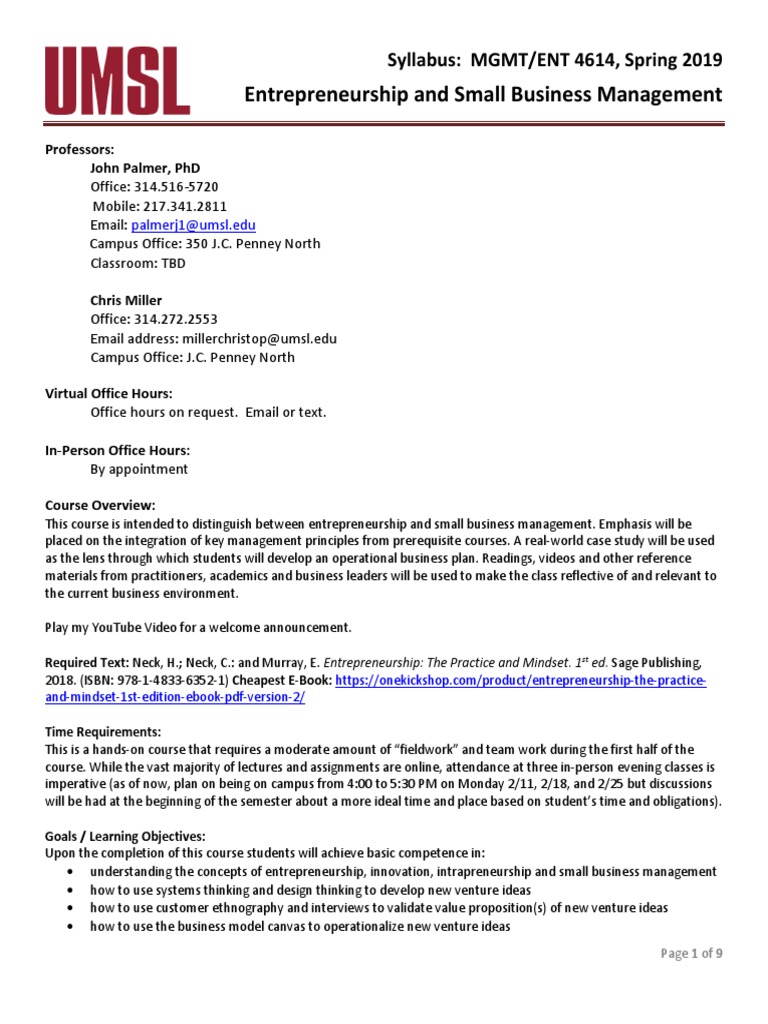Entrepreneurship and Small Business Management: Syllabus: MGMT/ENT 4614 ...