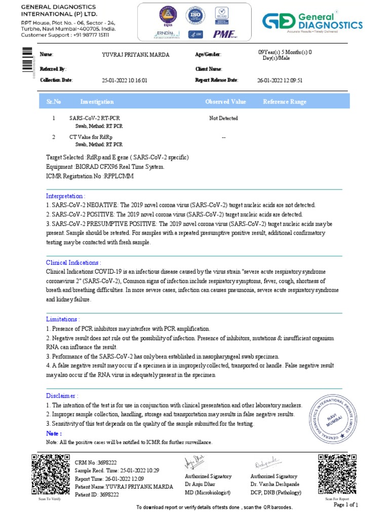 Yuvraj Priyank Marda RT-PCR Report | PDF | Reverse Transcription ...