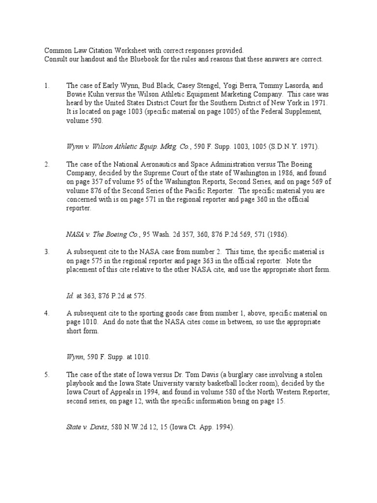 Common Law Citation Worksheet (With Answers) | PDF