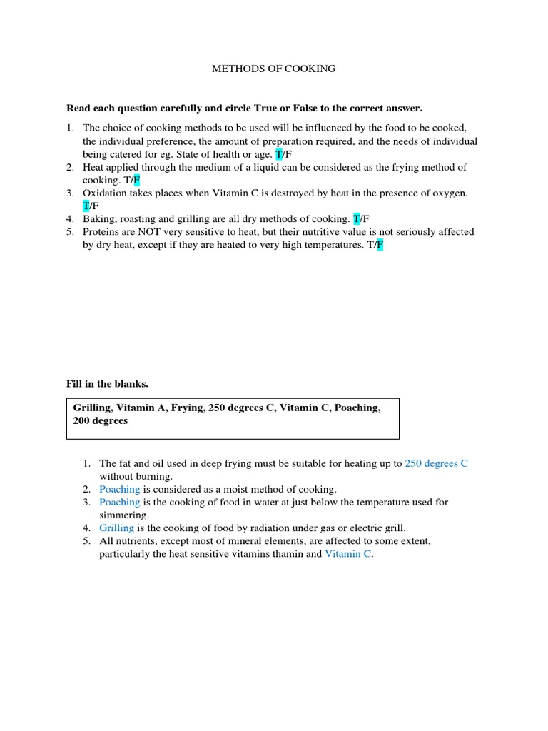 Methods of Cooking Questions | PDF | Cooking | Foods
