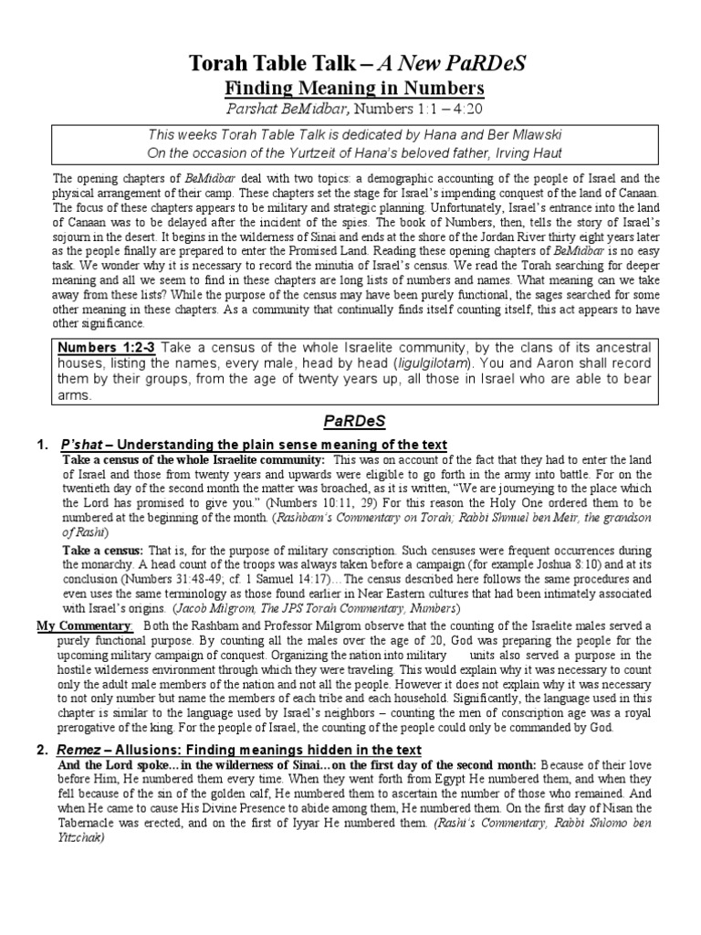 Torah Table Talk - A New Pardes: Finding Meaning in Numbers | PDF ...