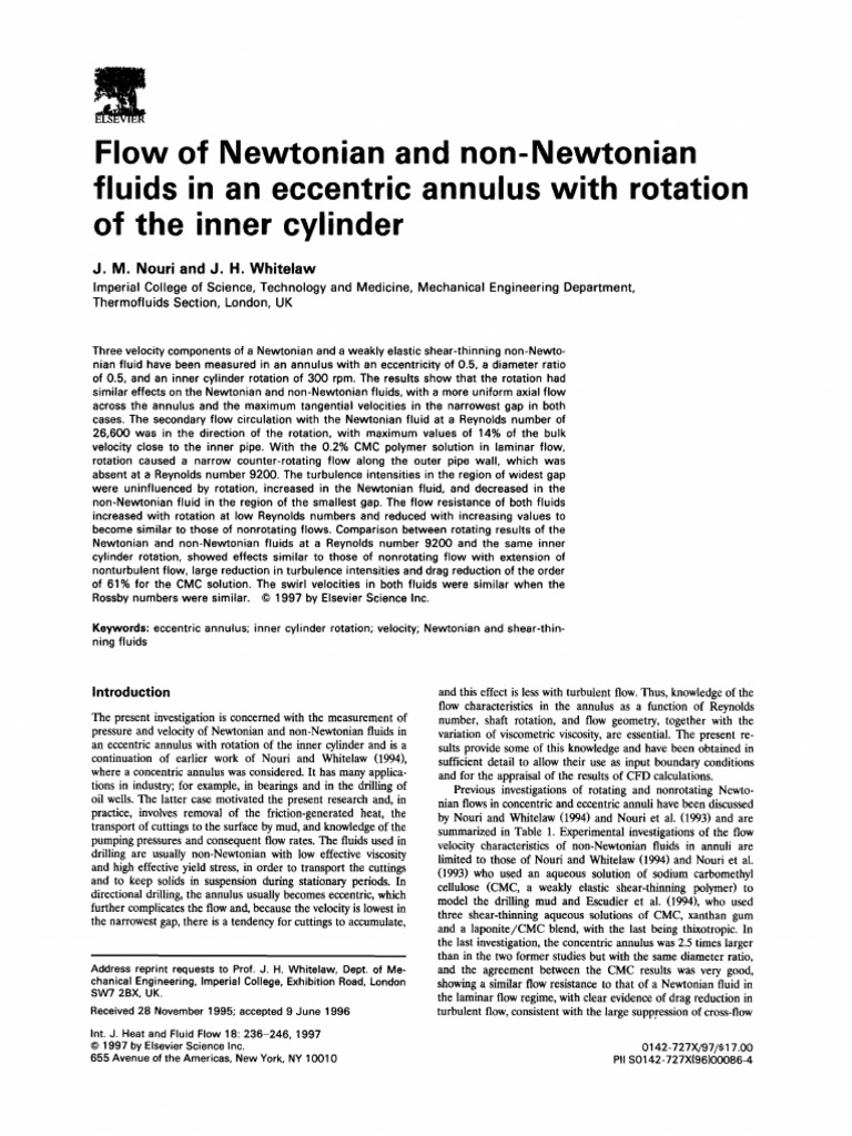 Flow of Newtonian and Non-Newtonian Fluids in An Eccentric Annulus With Rotation of The Inner ...