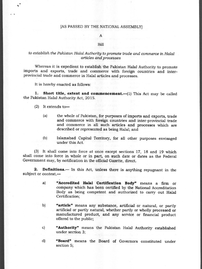 Pakistan Halal Authority Act 2015 | PDF