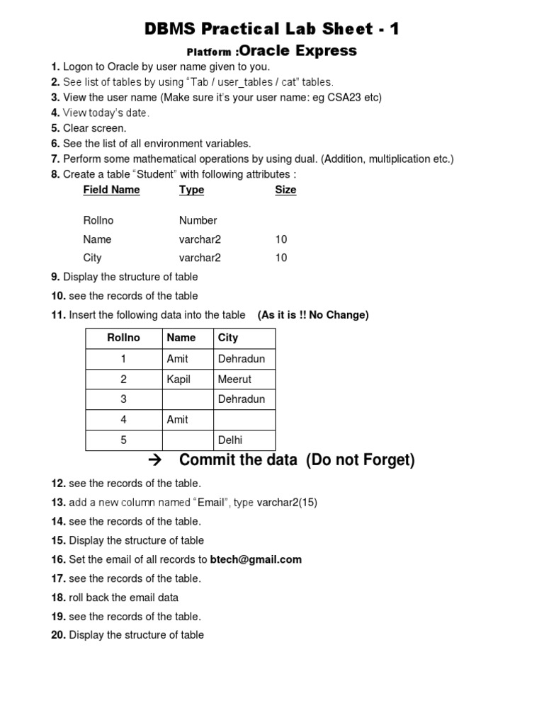 DBMS Practical Lab Sheet - 1: Oracle Express | PDF | Data | Software ...