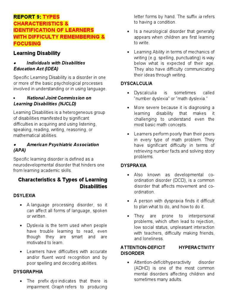 Report 9:: Types Characteristics & Identification of Learners With Difficulty Remembering ...