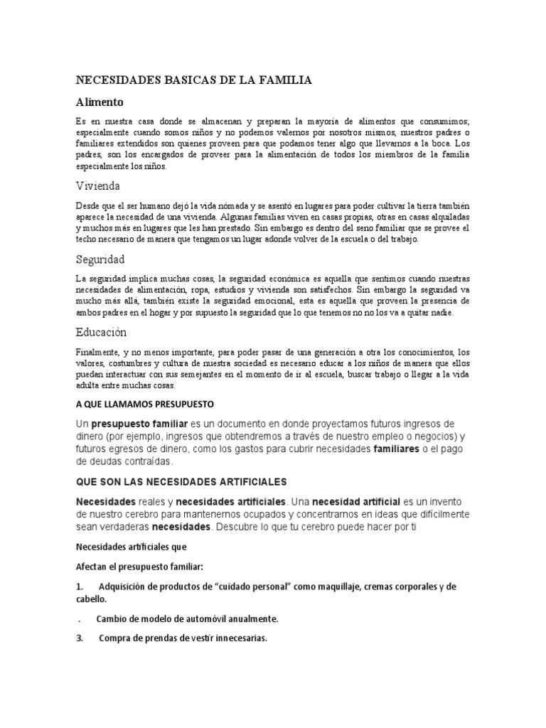 Necesidades Basicas de La Familia Tare Nivram | PDF | Venezuela | Los consumidores