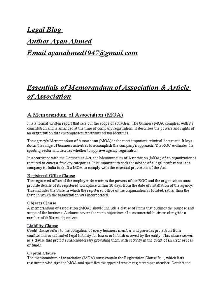 Essentials of MOA & AOA | PDF | Articles Of Association | Legal Documents