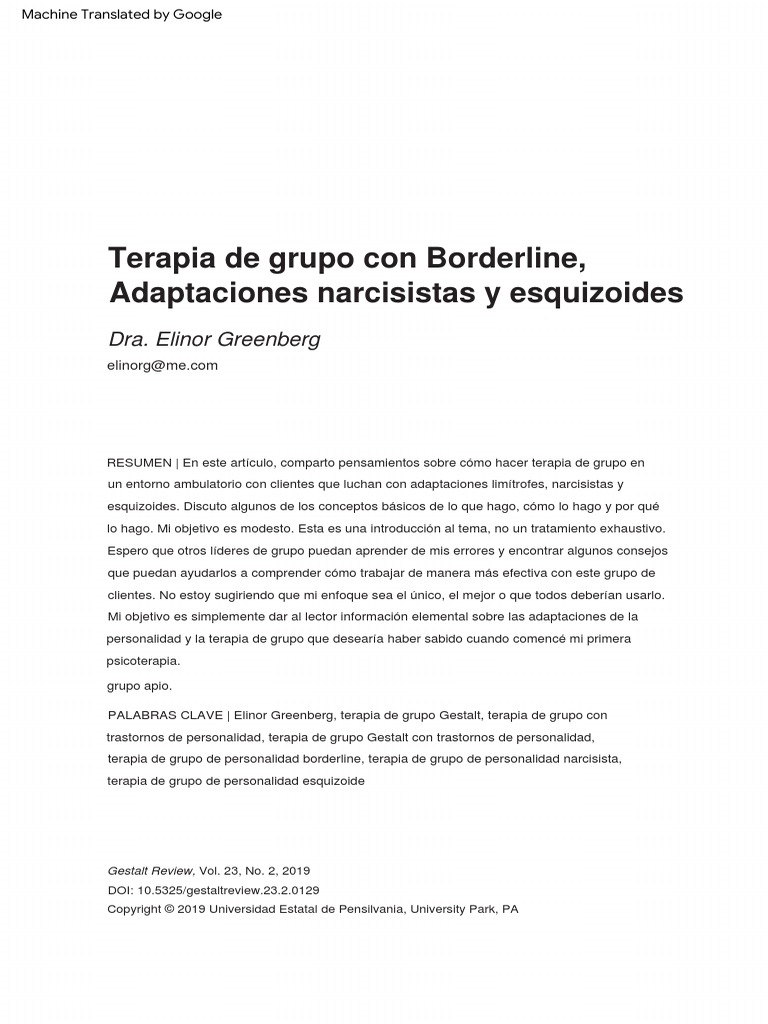 Elinor Greenberg - Grupos de Terapia Narcisista, TLP y Esquizoide ...