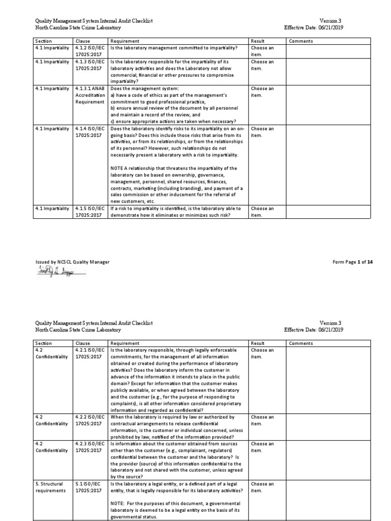 Quality Management System Internal Audit Checklist 06 21 2019 | PDF ...
