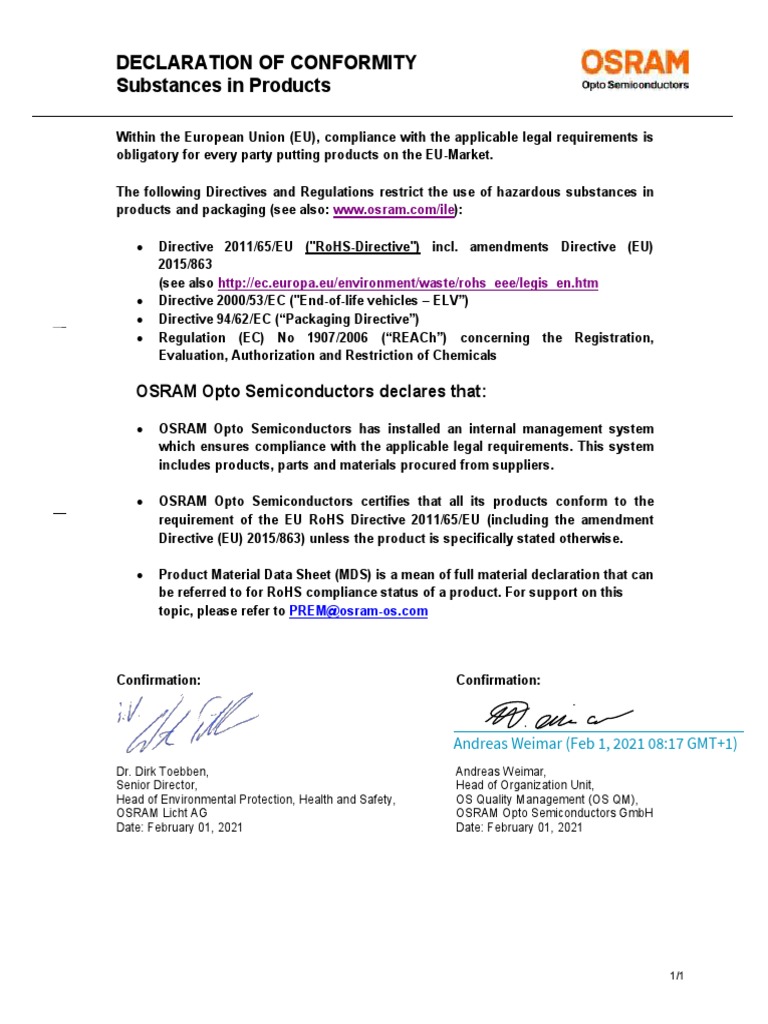 Declaration of Conformity with EU Directives Restricting Hazardous ...