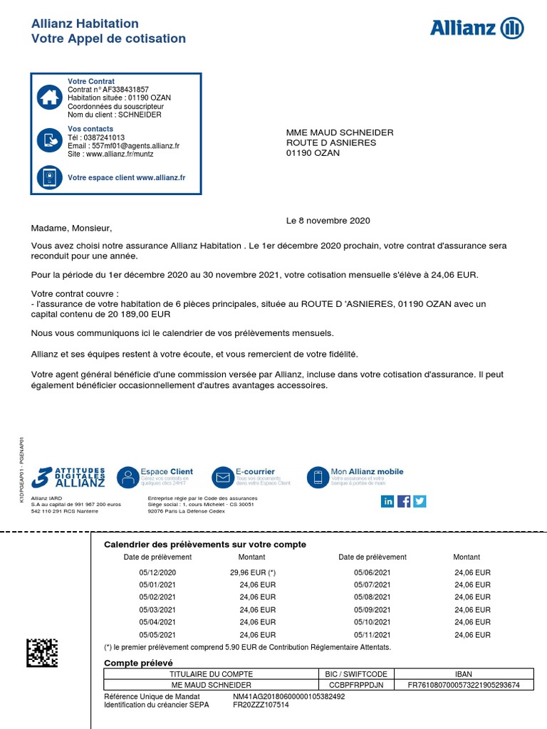 Allianz Habitation Votre Appel de Cotisation | PDF | Assurance | Business
