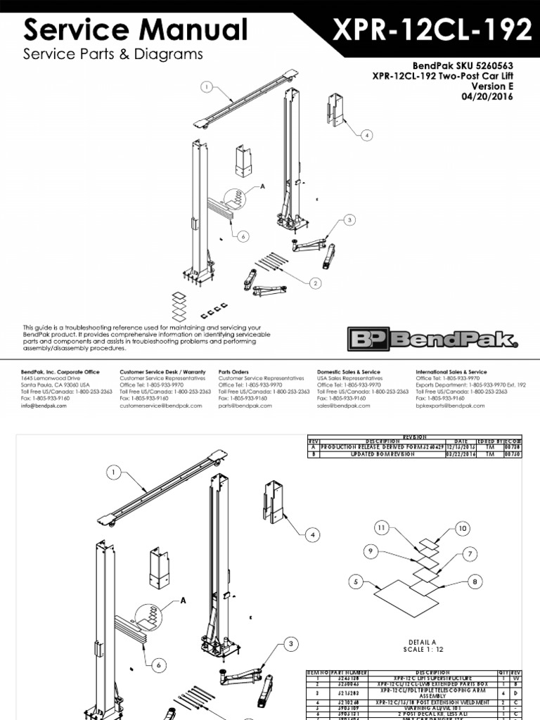 BendPak 5260563 XPR 12CL 192 Two Post Car Lift Exploded View Parts List ...