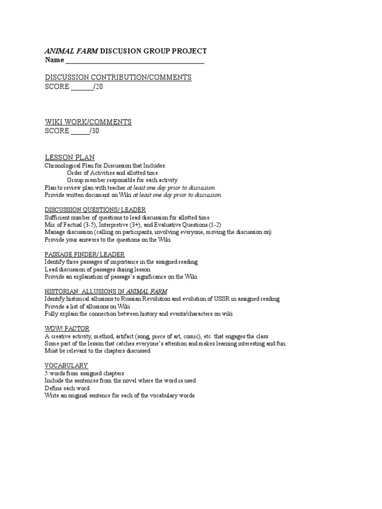 Animal Farm Discussion Project Guide | PDF
