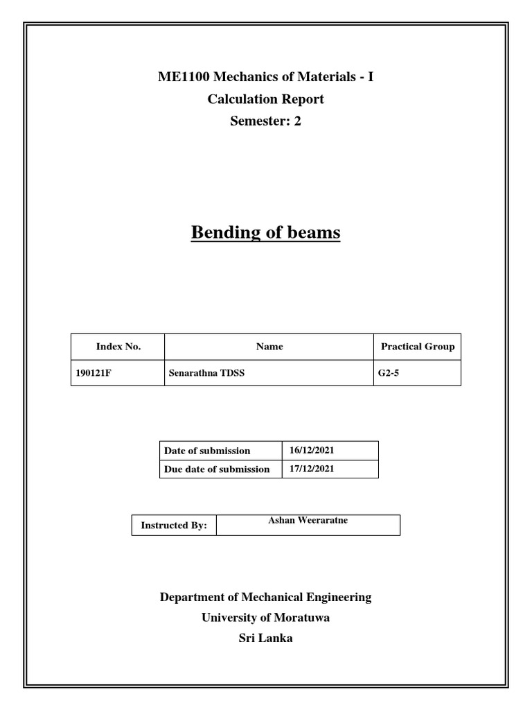 Bending of Beams: ME1100 Mechanics of Materials - I Calculation Report Semester: 2 | PDF | Beam ...