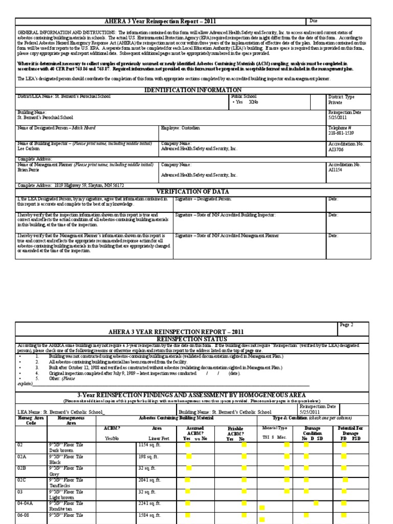 AHERA 3 Year Reinspection Report - 2011 | PDF | Asbestos | United ...
