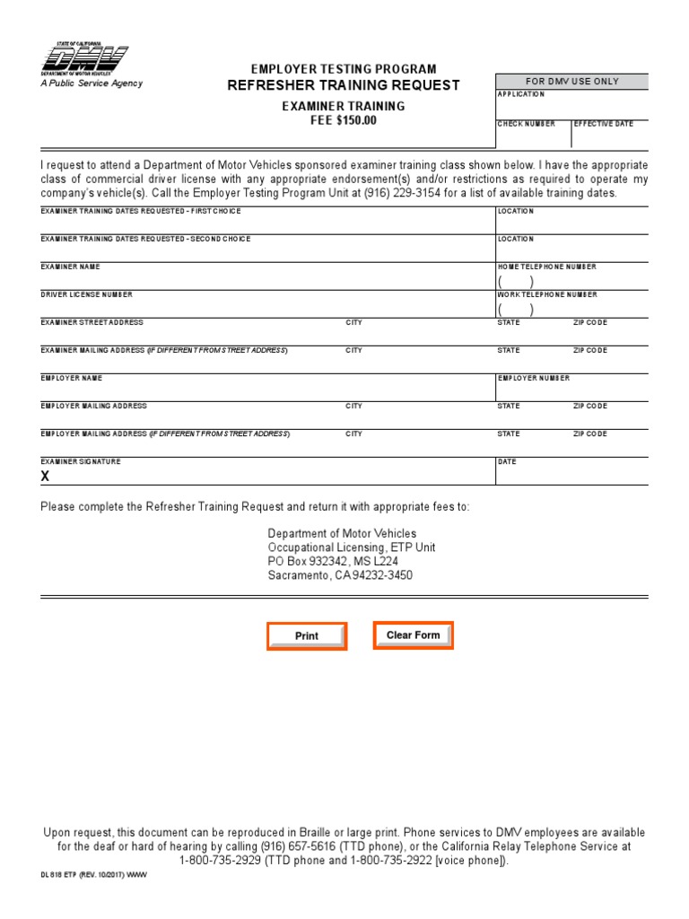 Request for Commercial Driver License Refresher Training and Examiner ...