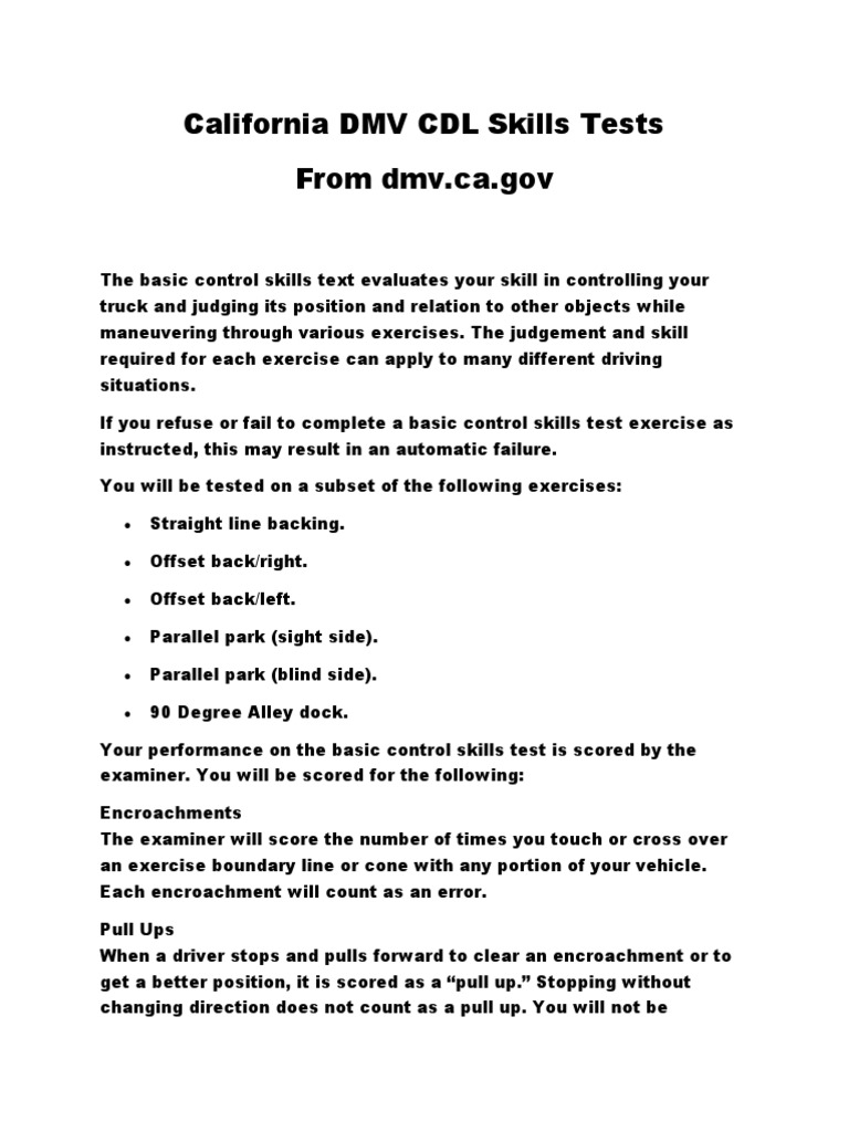 California DMV CDL Skills Tests | PDF | Traffic | Transport
