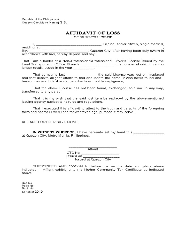 Affidavit of Loss Drivers License | PDF