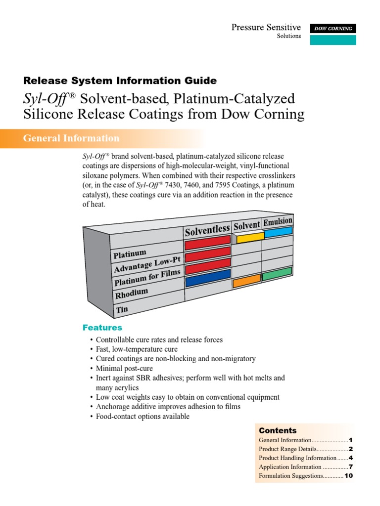 Syl-Off: Solvent-Based, Platinum-Catalyzed Silicone Release Coatings From Dow Corning | PDF ...