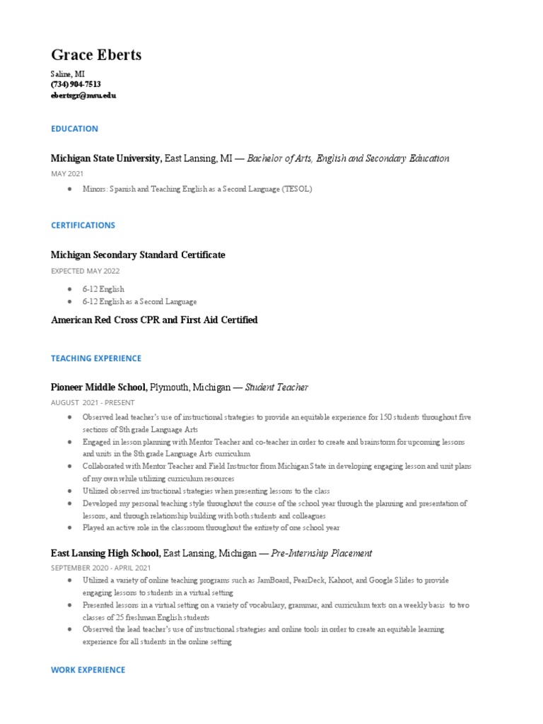 Grace Eberts - Resume 2022 | PDF