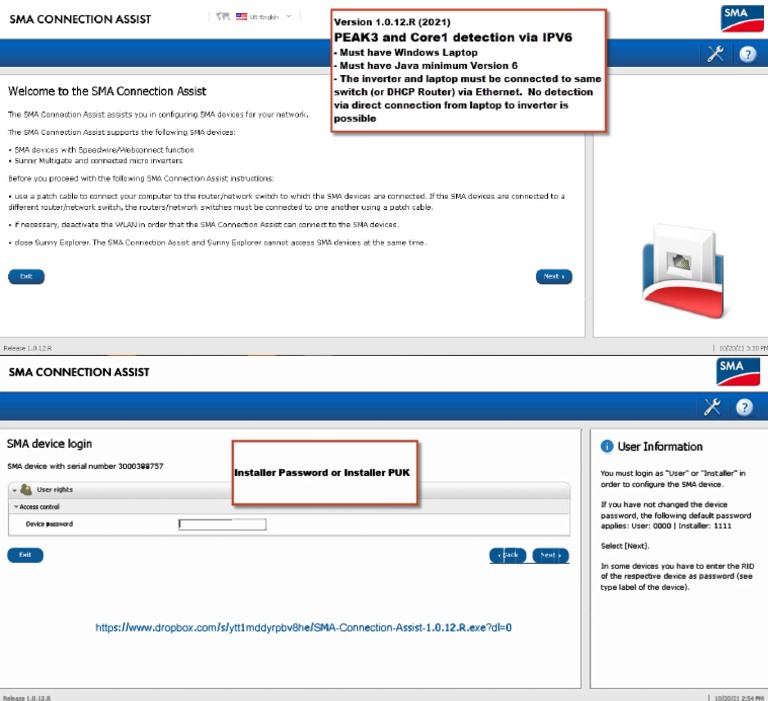 SMA Connection Assistant 1.0.12.R PEAK3 - Core1 | PDF