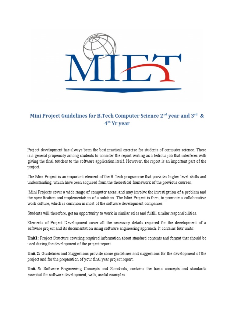 Mini Project Guidelines For B.Tech Computer Science 2 Year and 3 & 4 Yr ...