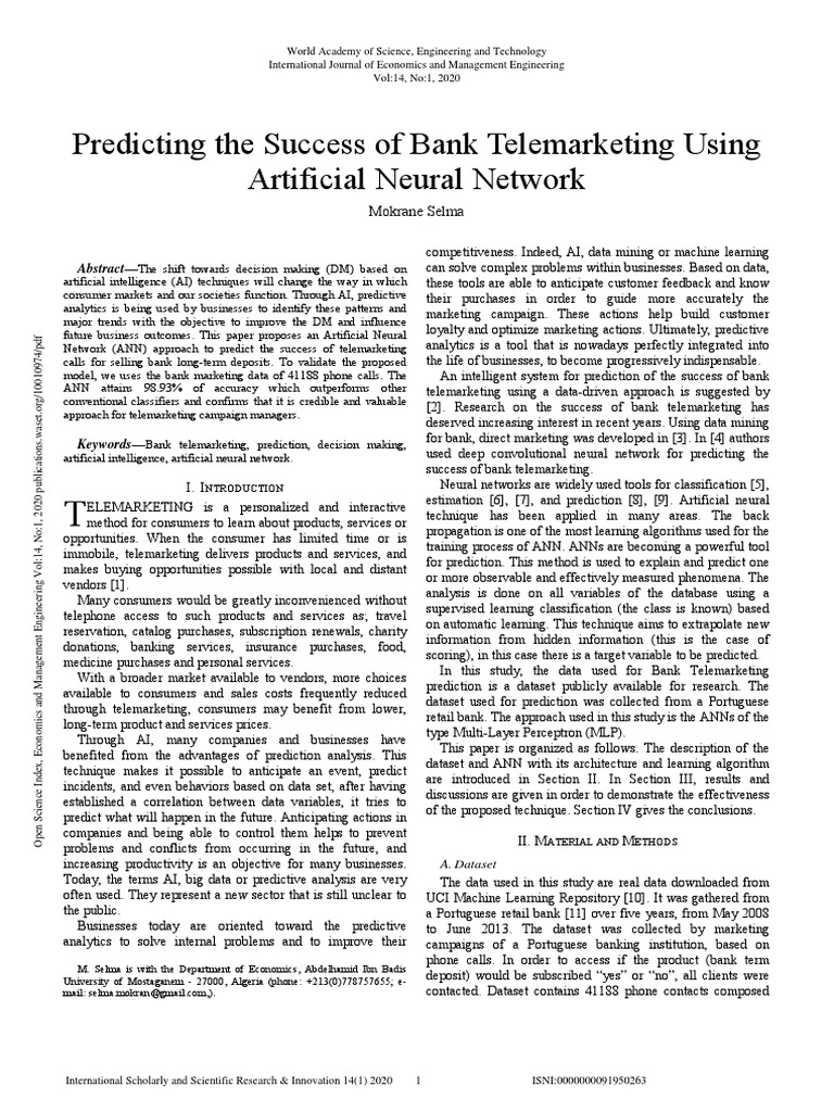 Predicting The Success of Bank Telemarketing Using Artificial Neural ...
