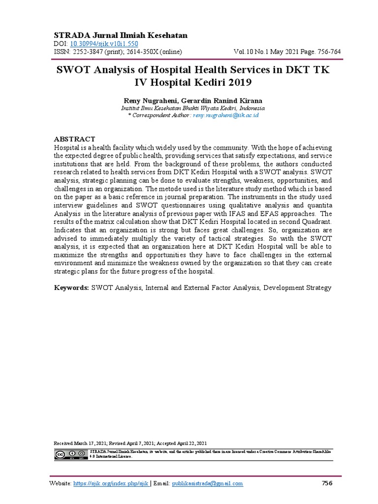 SWOT Analysis of Hospital Health Services in DKT TK IV Hospital Kediri ...