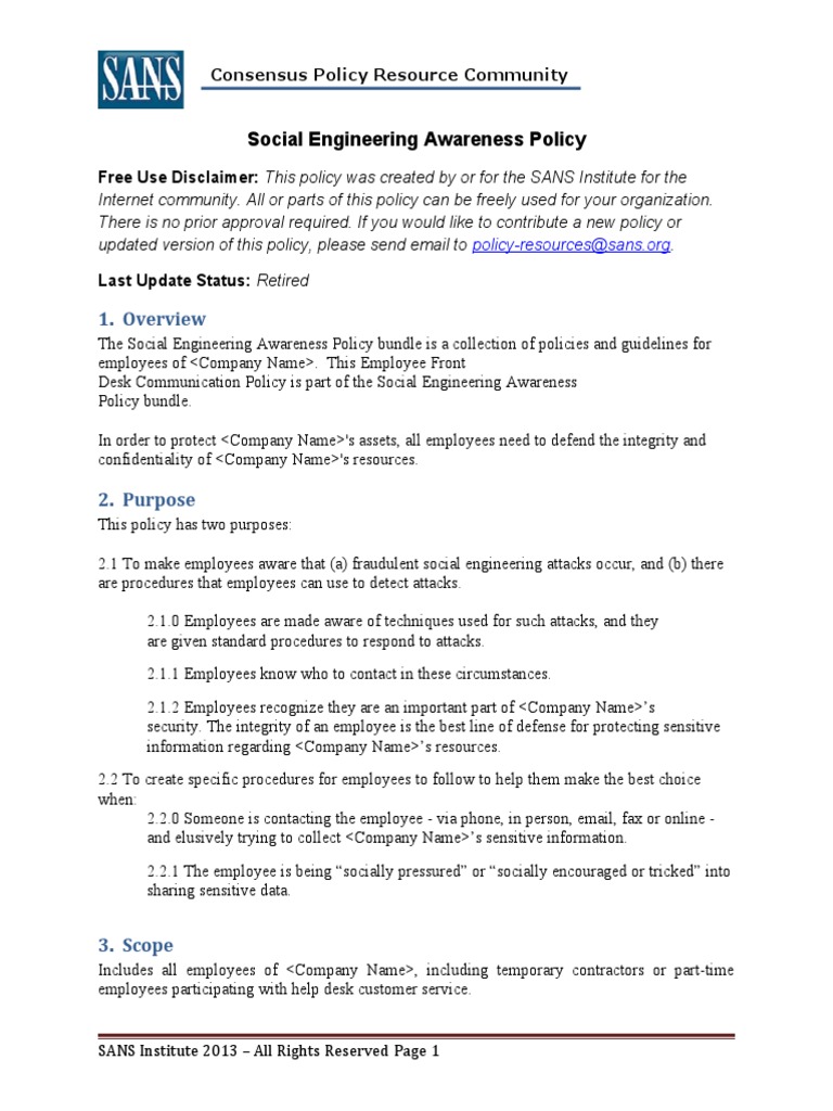 Social Engineering Awareness Policy: 1. Overview | PDF | Social ...