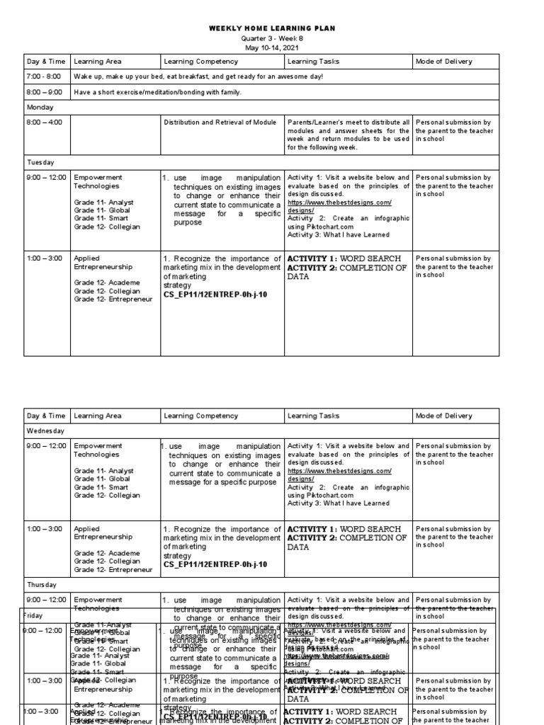 6 - Weekly Home Learning Plan Q3 - Week 8 | PDF | Entrepreneurship ...