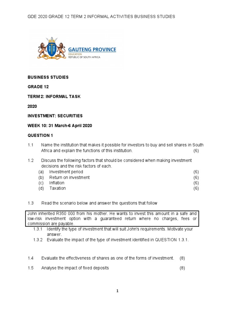 2020 BSTD Grade 12 Term 2 Activities According To The New Atp | PDF ...