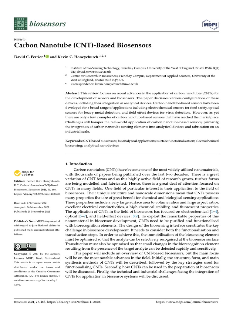 Biosensors: Carbon Nanotube (CNT) - Based Biosensors | PDF | Carbon ...