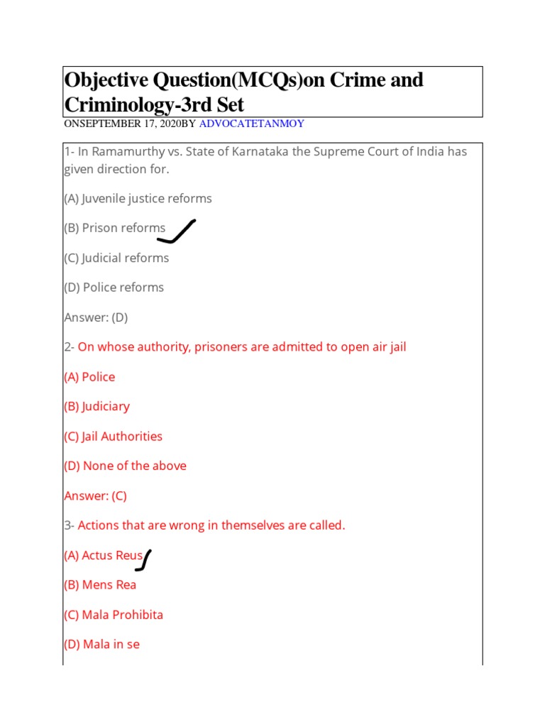 Objective Multiple Choice Questions on Crime and Criminology with ...