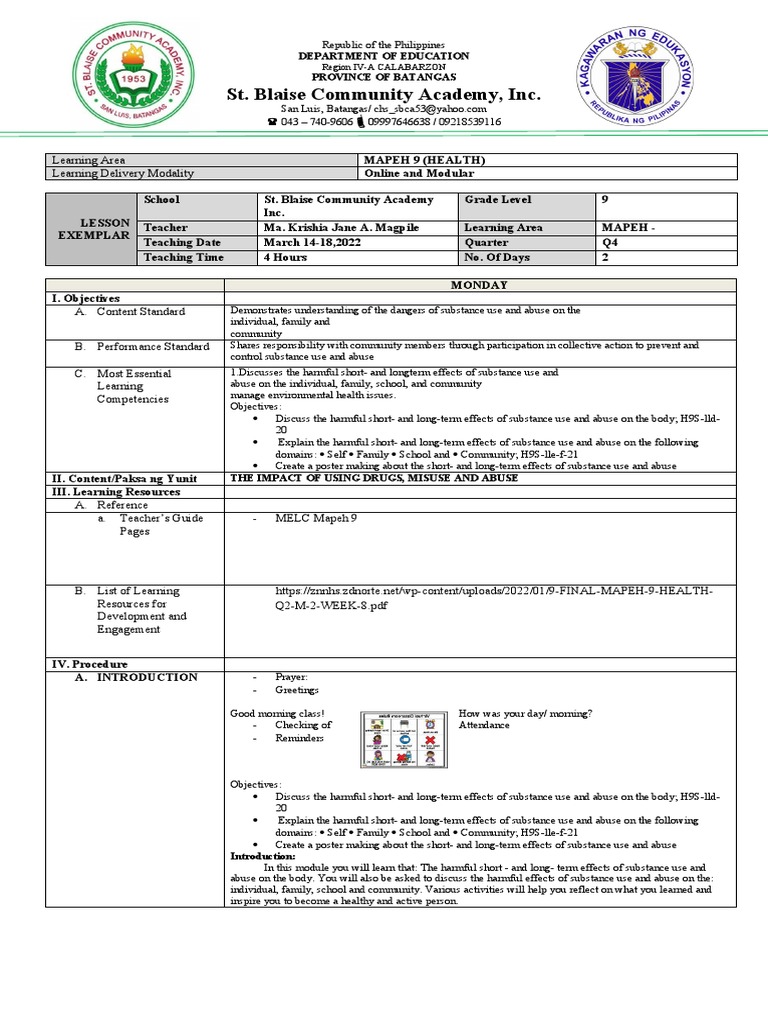 The Impact of Using Drugs, Misuse, and Abuse Mapeh9 Lesson-Exemplar ...