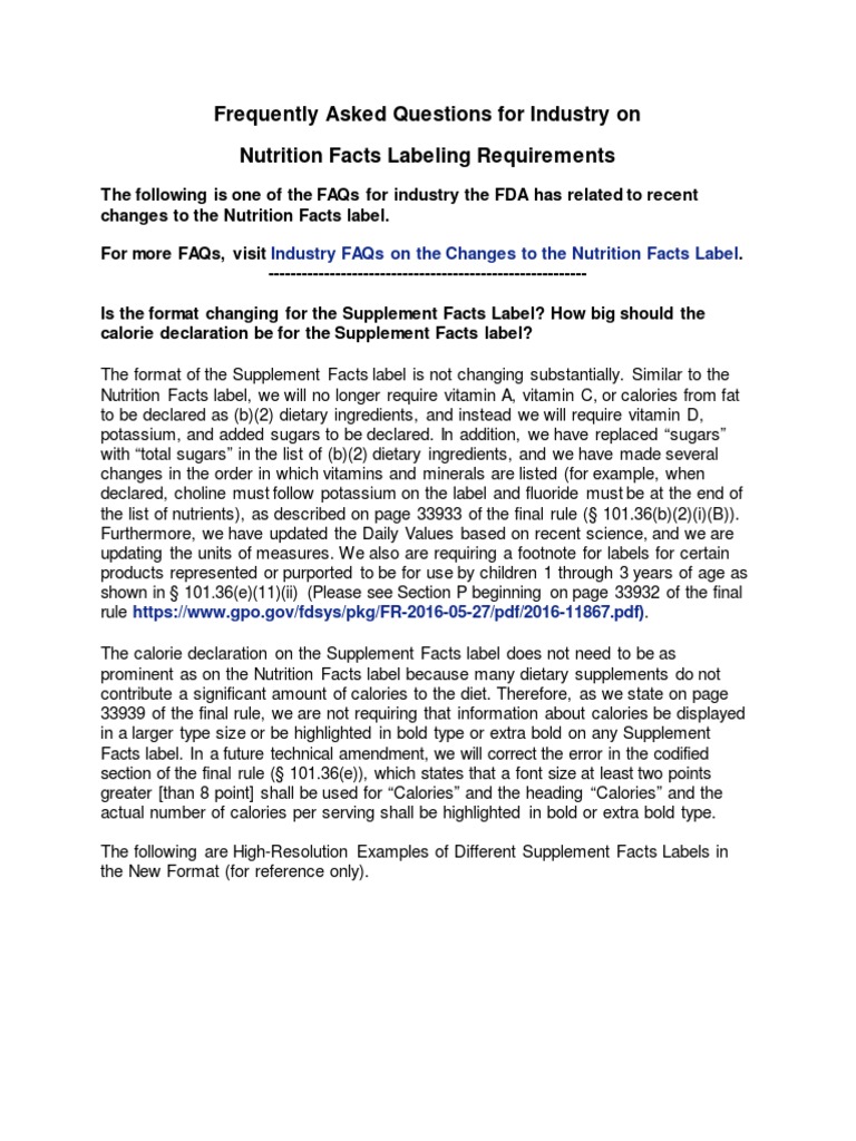 FDA Guidelines for Supplement Facts Labels | PDF | Nutrition Facts ...