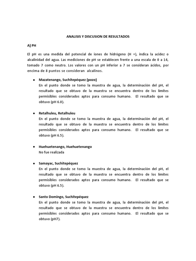 Analisis y Discusion de Resultados | PDF | Ph | Agua