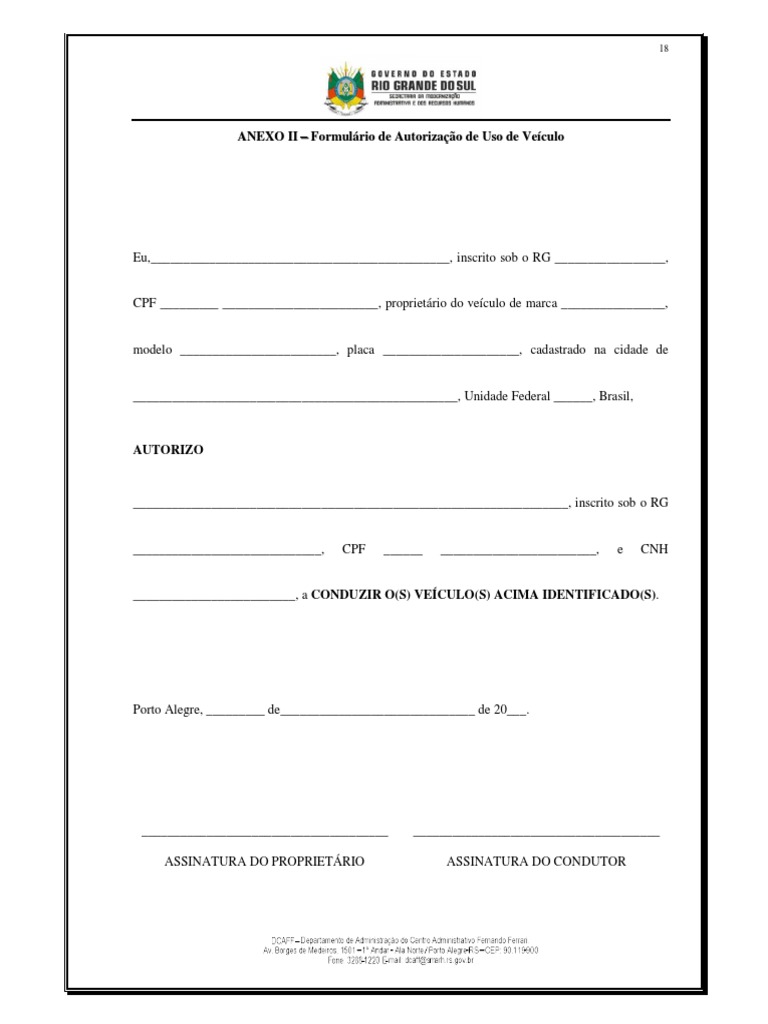 Formulario De Autorizacao Para Uso De Veiculo Por Terceiro Pdf