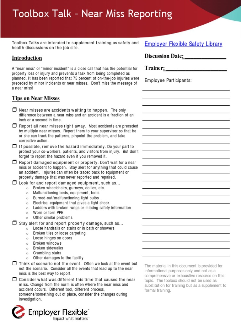 Toolbox Talks - Near Miss Reporting | PDF | Occupational Safety And ...
