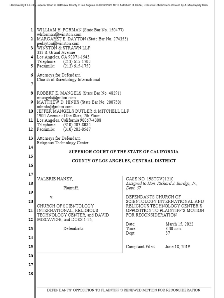 Haney V Scientology: Opposition To Reconsideration | PDF | First ...