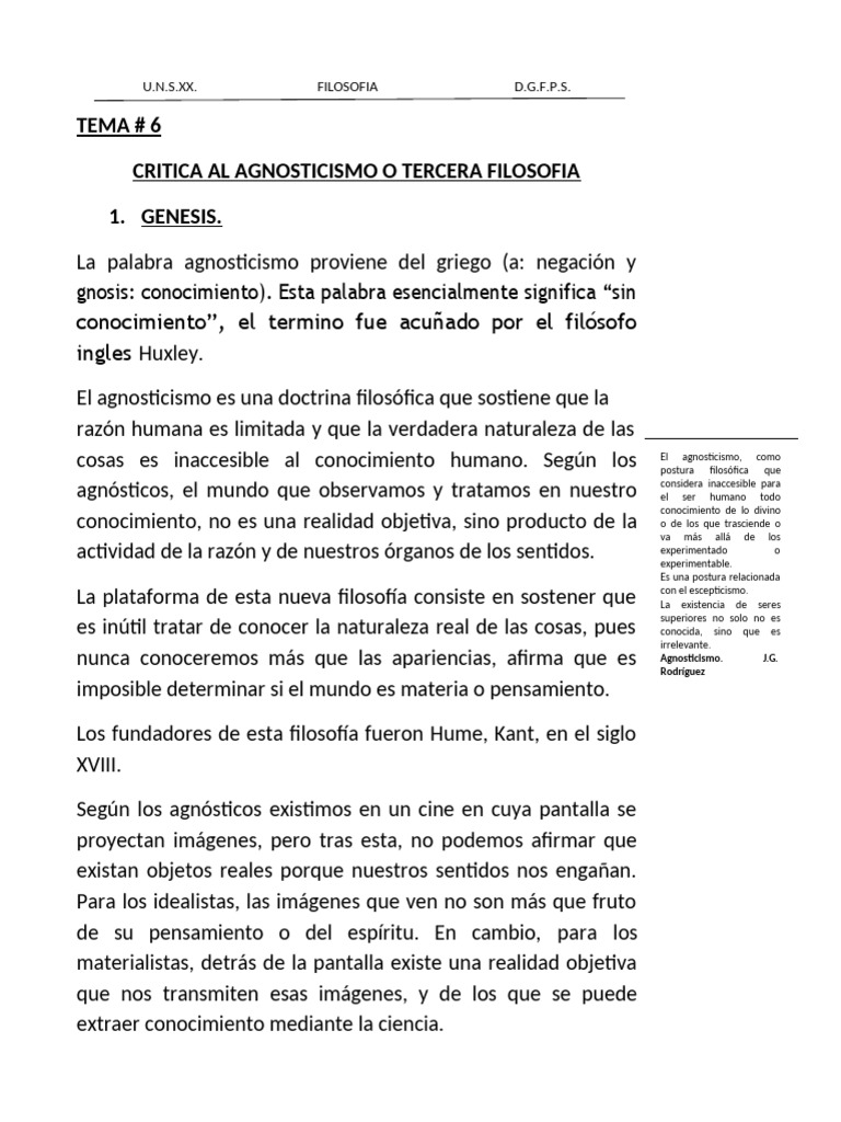Tema #6 Critica Al Agnotismo o Tercera Filosofia | PDF | Agnosticismo | Conocimiento