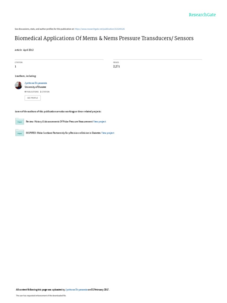 Biomedical Applications of Mems & Nems Pressure Transducers/ Sensors ...