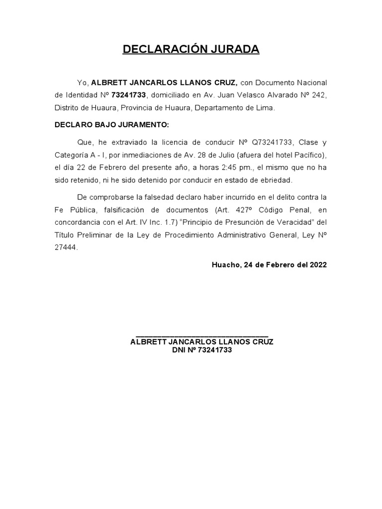 Declaración Jurada Perdida de Licencia | PDF