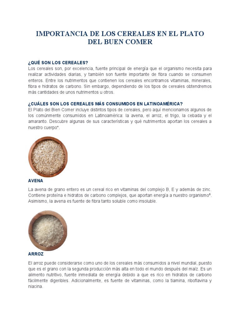 Importancia de Los Cereales en El Plato Del Buen Comer | PDF