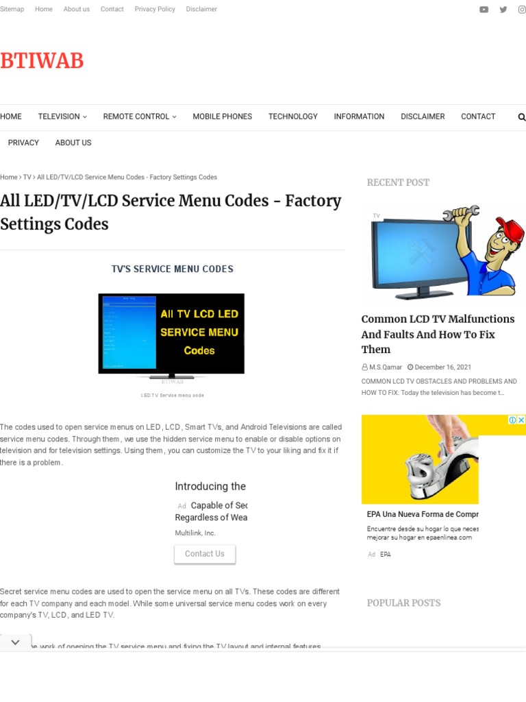 Menú de Servicio Codigos Control Remoto - Tvs LCD y LED | PDF | Menu ...