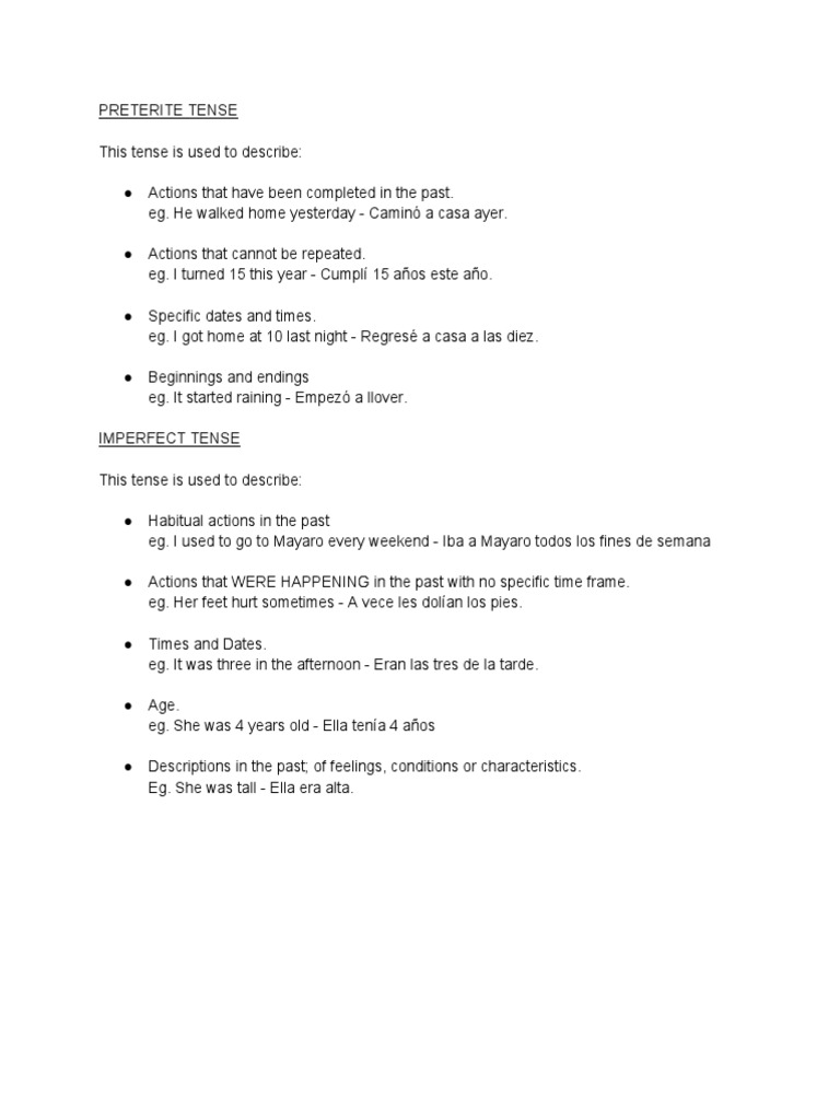 CSEC Spanish - Preterite & Imperfect Tense Notes | PDF
