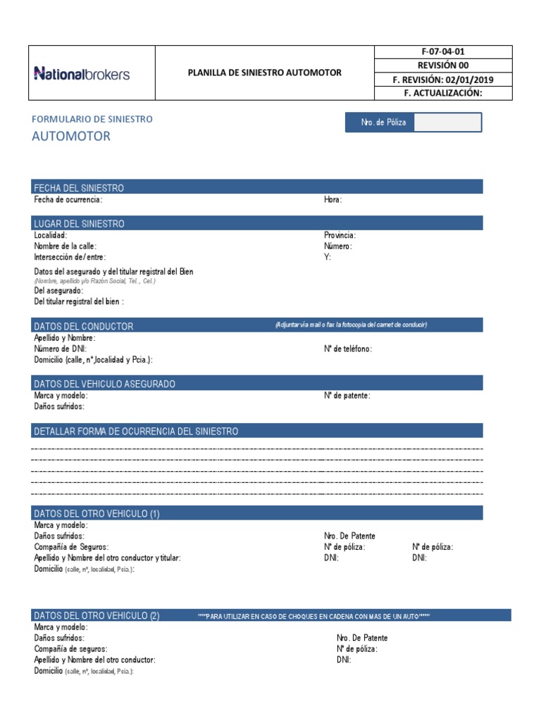 F 07 04 01 Planilla de Siniestro Automotor | PDF | Póliza de seguros | Vehículos